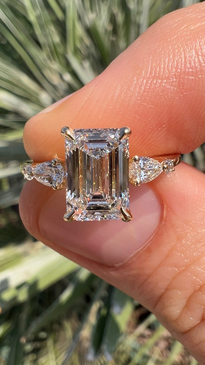 The Ellie Ring / 2 Carat Emerald Diamond Engagement Ring with side Pear Diamonds – Justin's Jewelers